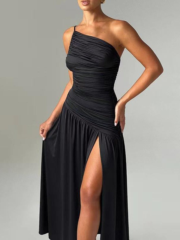 One Shoulder Ruched High Slit Maxi Dress